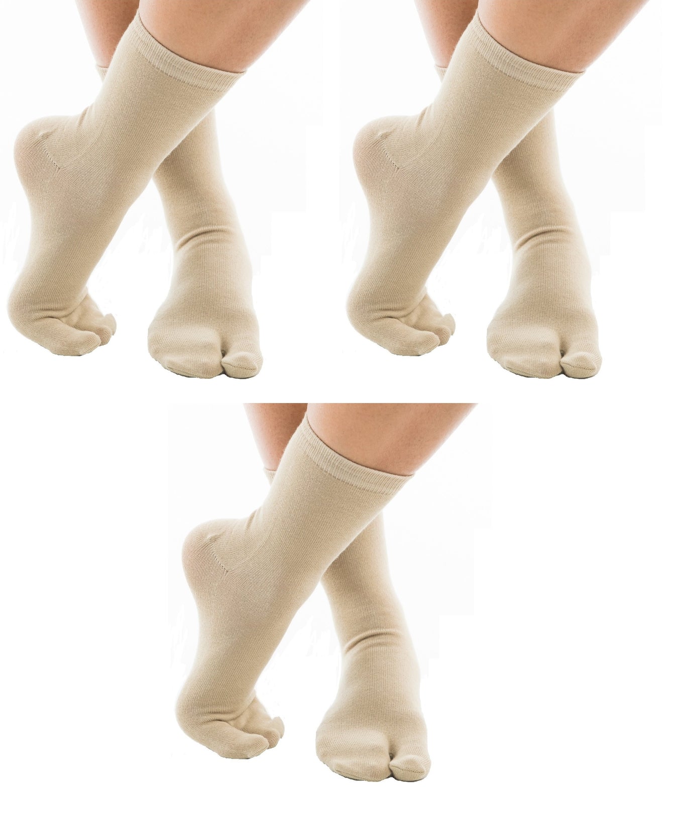 3 Pairs - Split-Toe Tabi Socks Black, White, and Khaki Options Solid C ...
